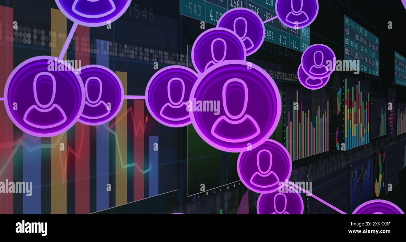 Network of user icons image over financial graphs and stock market data ...