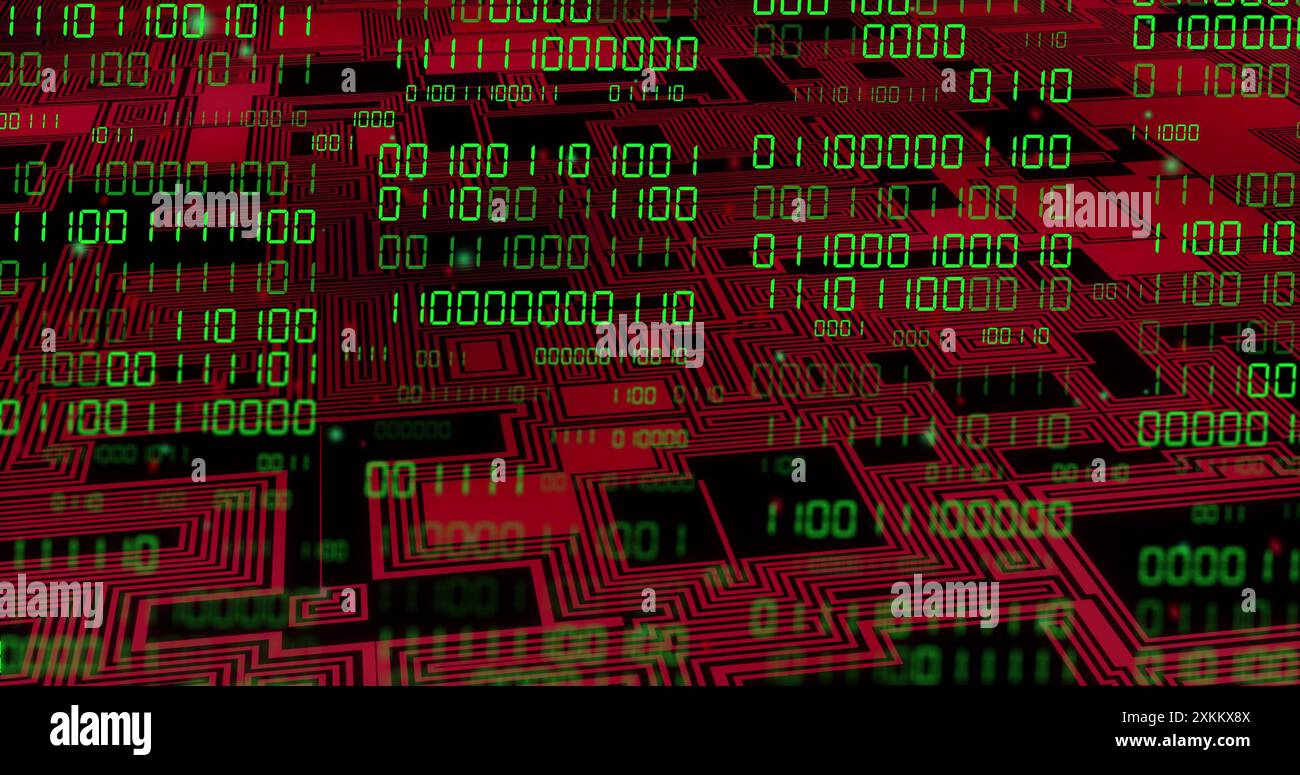 Image of binary coding data processing over circuit board on black ...