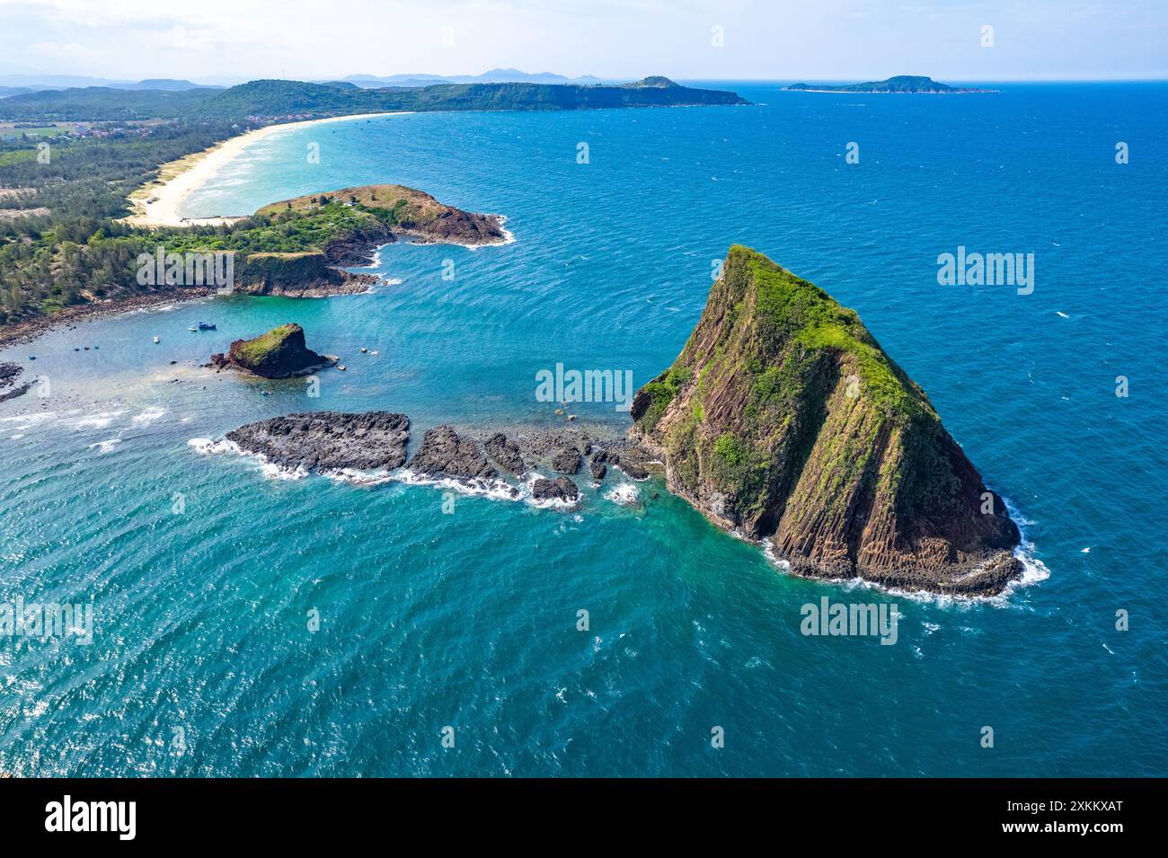 Aerial view of Hon yen island and fishing boat, in Phu Yen, Vietnam ...
