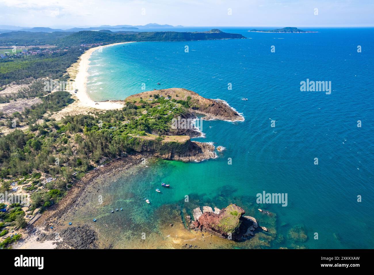 Aerial view of Hon yen island and fishing boat, in Phu Yen, Vietnam ...