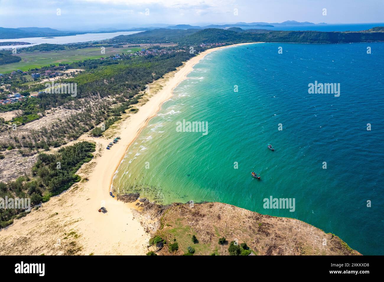 Aerial view of Hon yen island and fishing boat, in Phu Yen, Vietnam ...