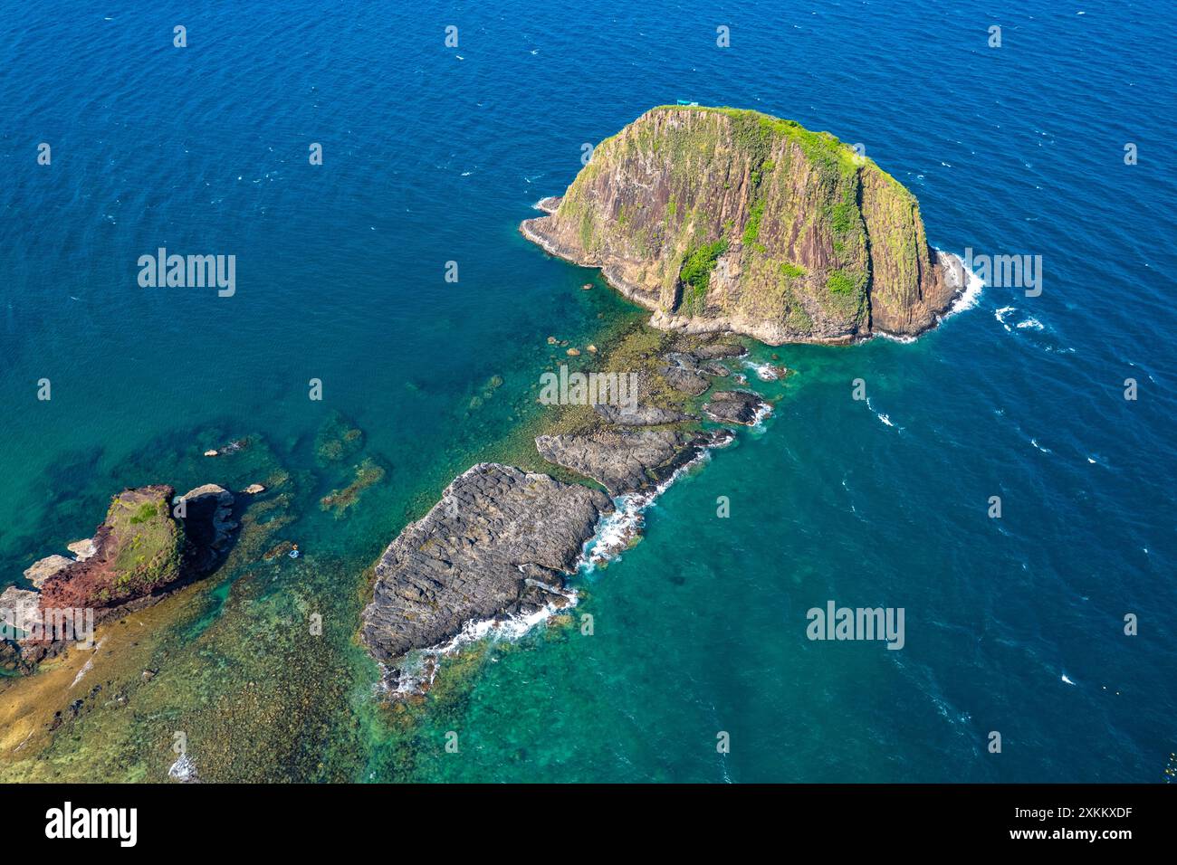 Aerial view of Hon yen island and fishing boat, in Phu Yen, Vietnam ...