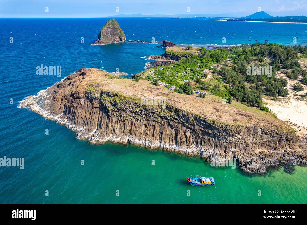 Aerial view of Hon yen island and fishing boat, in Phu Yen, Vietnam ...