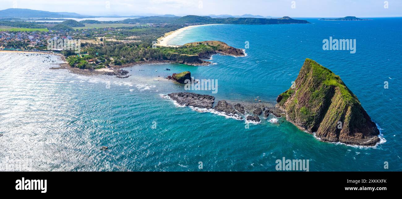 Aerial view of Hon yen island and fishing boat, in Phu Yen, Vietnam ...