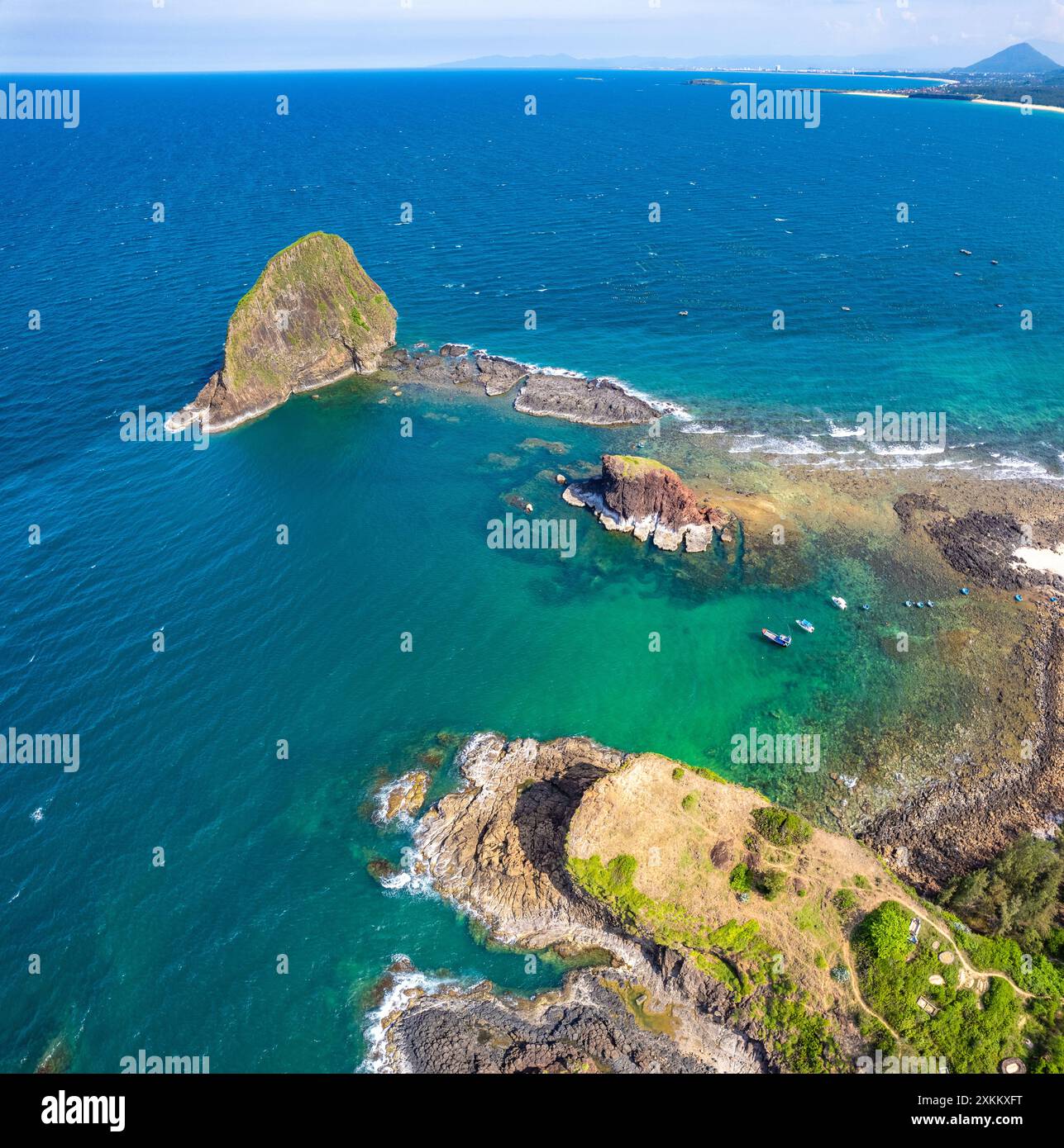 Aerial view of Hon yen island and fishing boat, in Phu Yen, Vietnam ...
