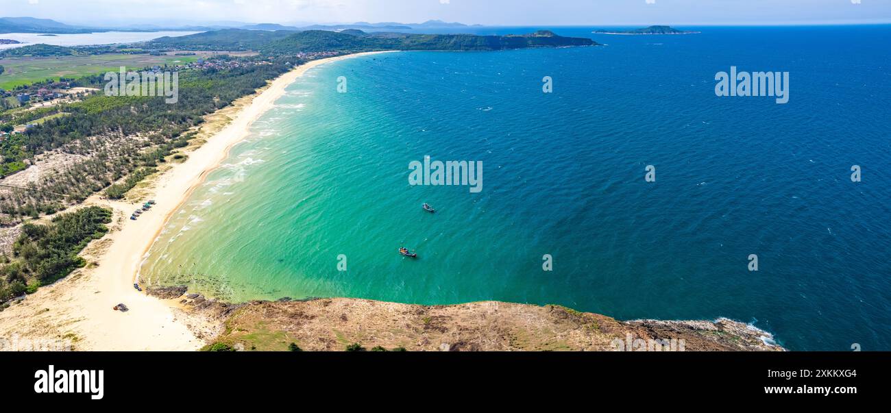Aerial view of Hon yen island and fishing boat, in Phu Yen, Vietnam ...