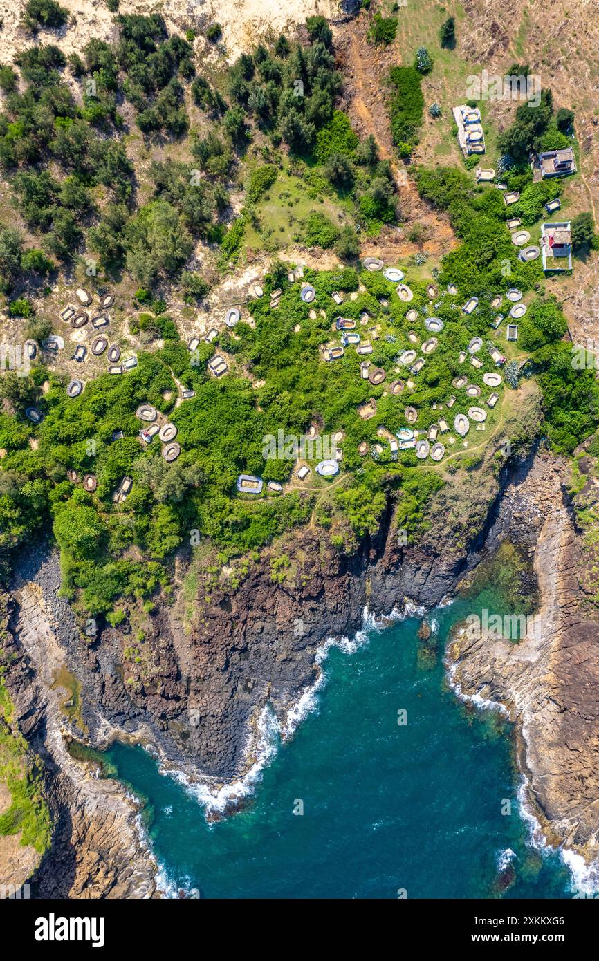 Aerial view of Hon yen island and fishing boat, in Phu Yen, Vietnam ...