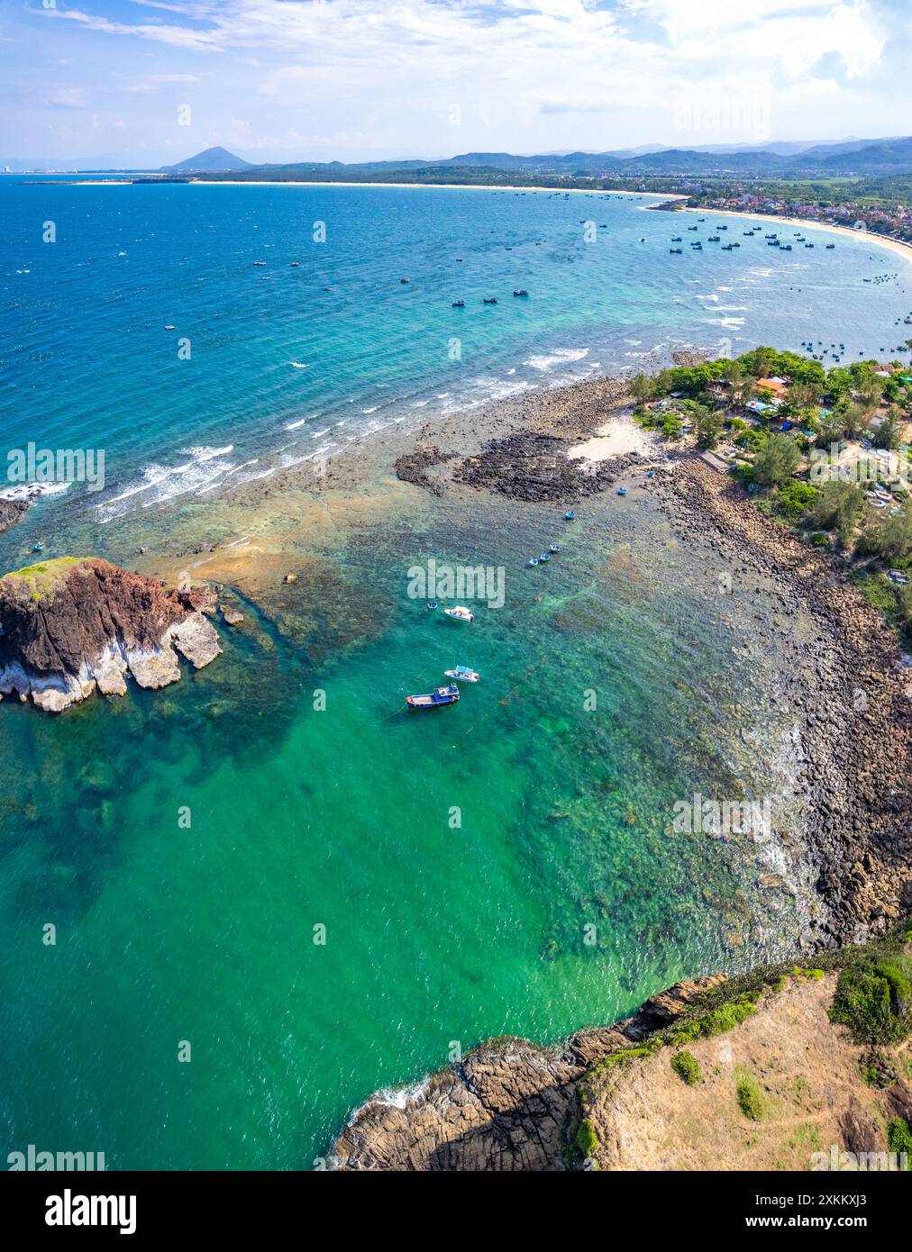 Aerial view of Hon yen island and fishing boat, in Phu Yen, Vietnam ...