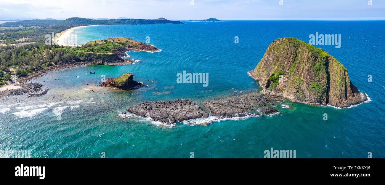 Aerial view of Hon yen island and fishing boat, in Phu Yen, Vietnam ...
