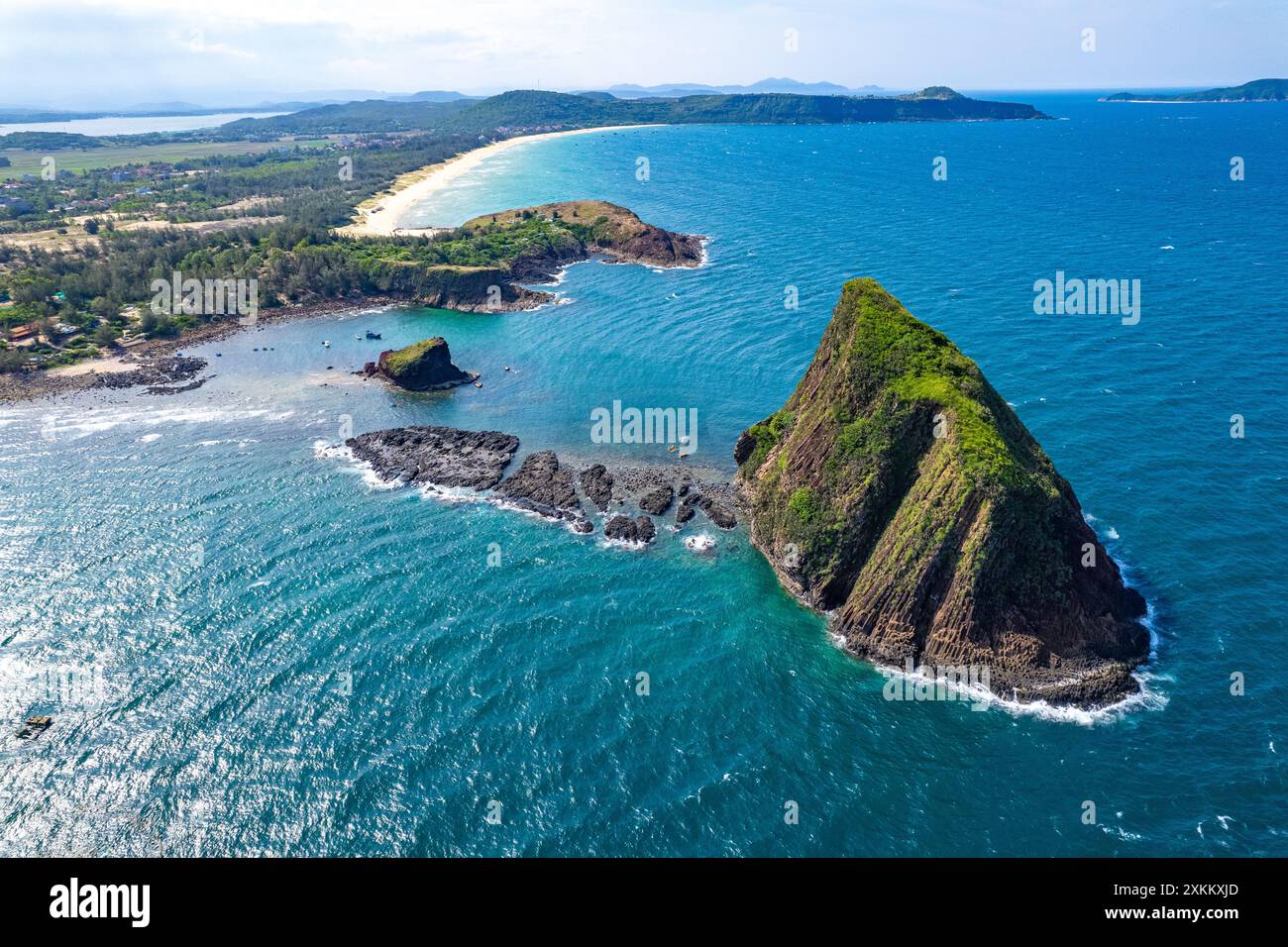 Aerial view of Hon yen island and fishing boat, in Phu Yen, Vietnam ...