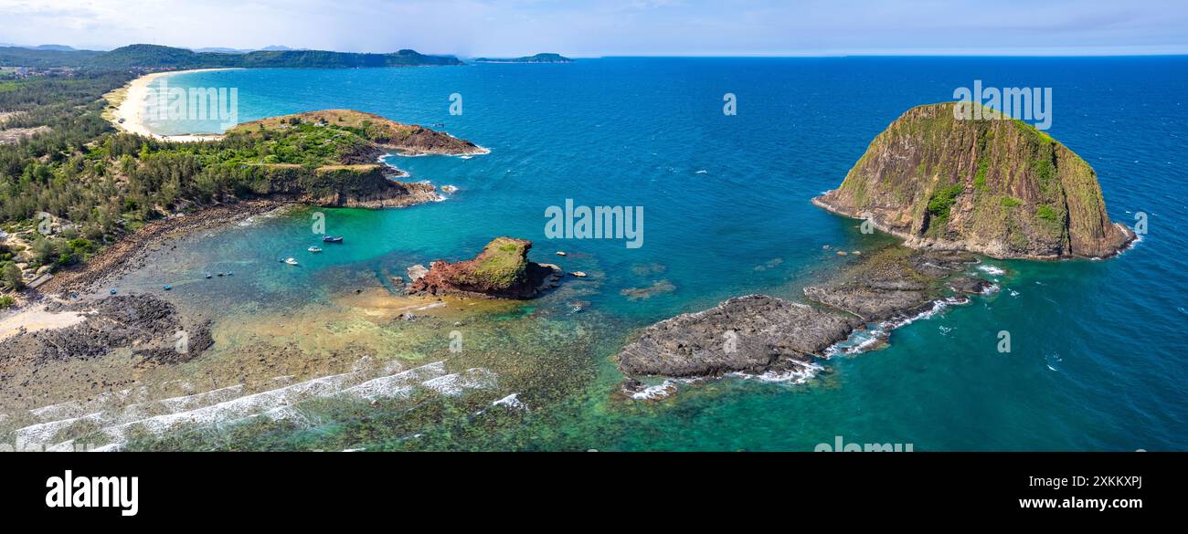 Aerial view of Hon yen island and fishing boat, in Phu Yen, Vietnam ...