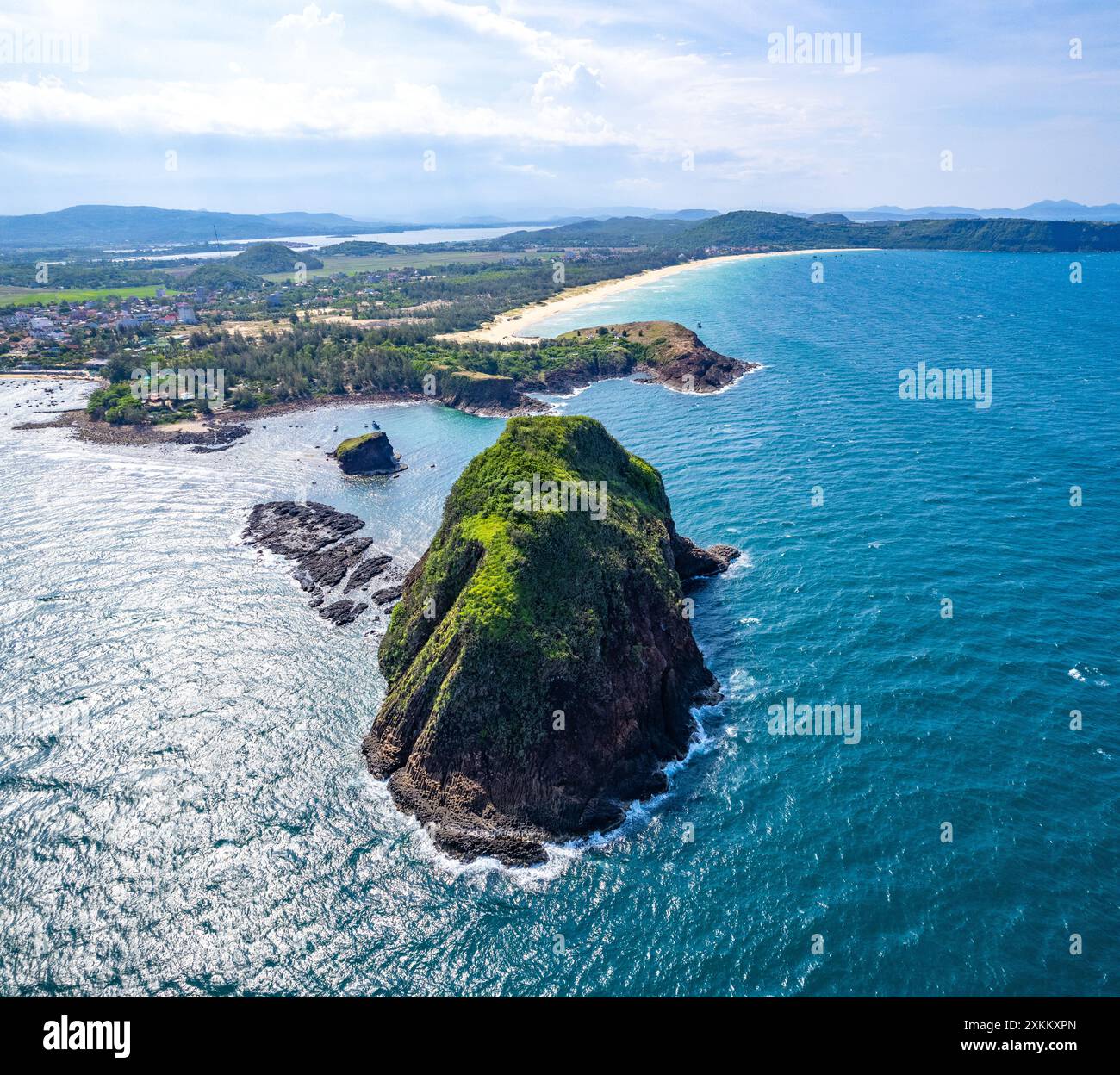 Aerial view of Hon yen island and fishing boat, in Phu Yen, Vietnam ...