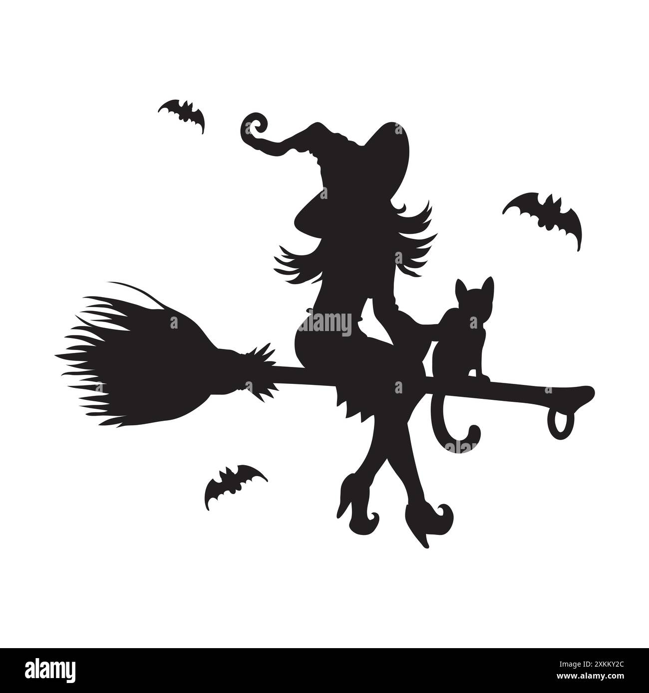 Black silhouette of a witch riding a magic broomstick with a cat in the ...