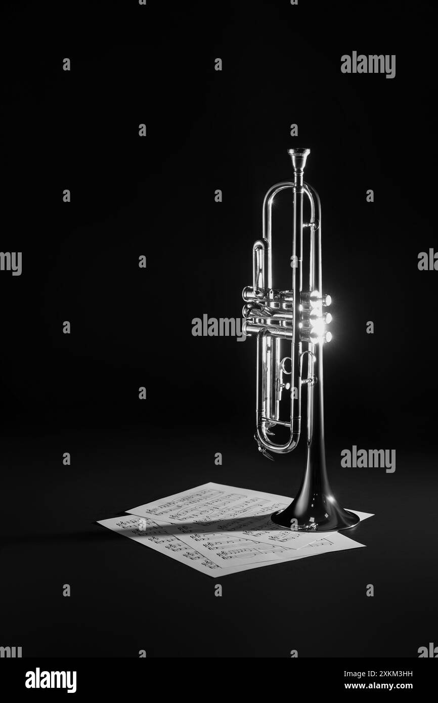 Shiny trumpet and music sheets on dark background. Wind musical ...