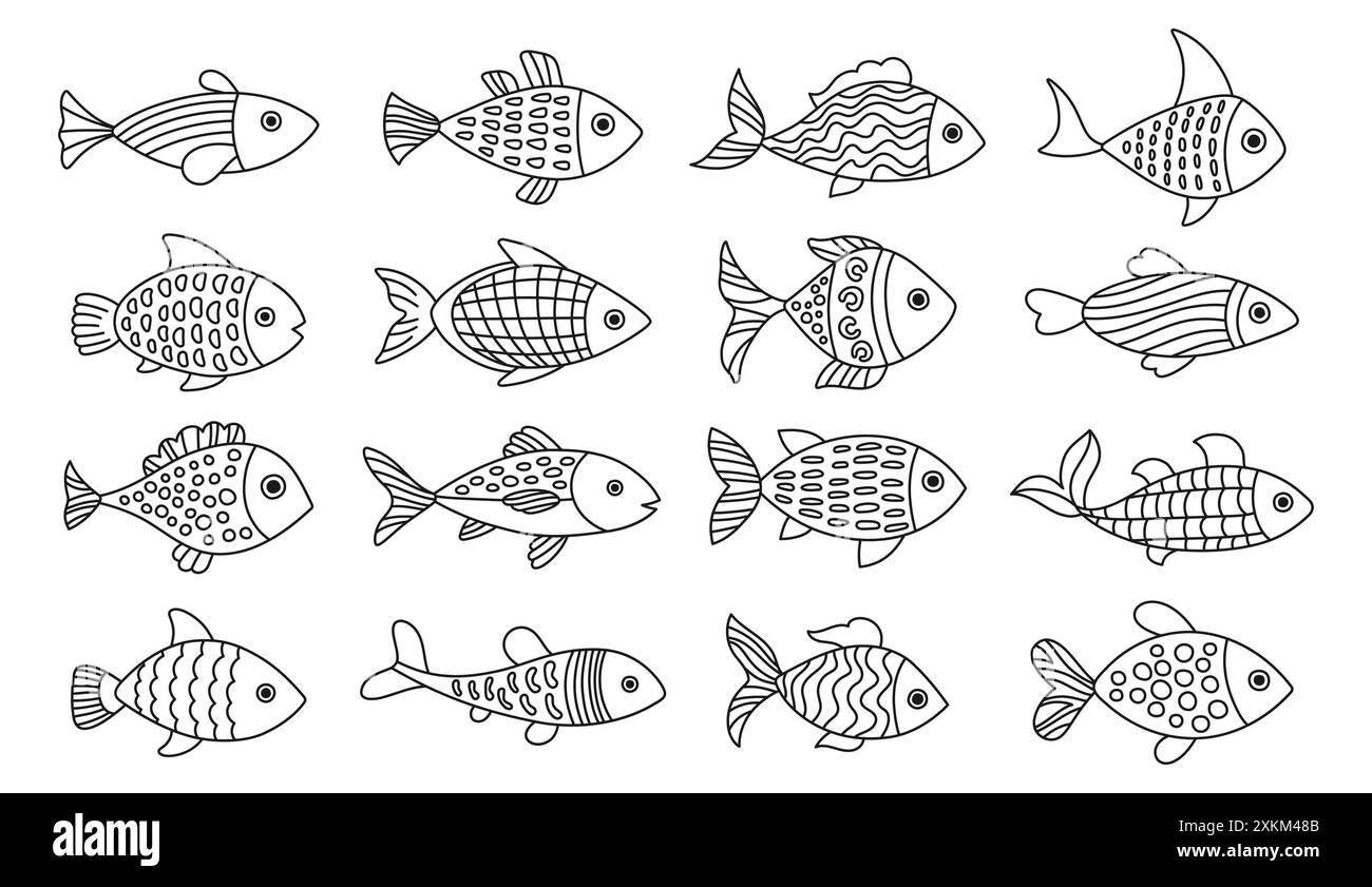 Sea fish doodle cartoon fantasy set. Outline cute fish with hand drawn ...