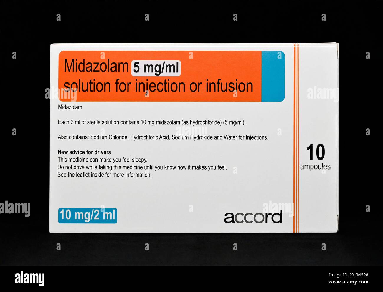 Midazolam benzodiazepine drug packaging. This drug is used to treat ...