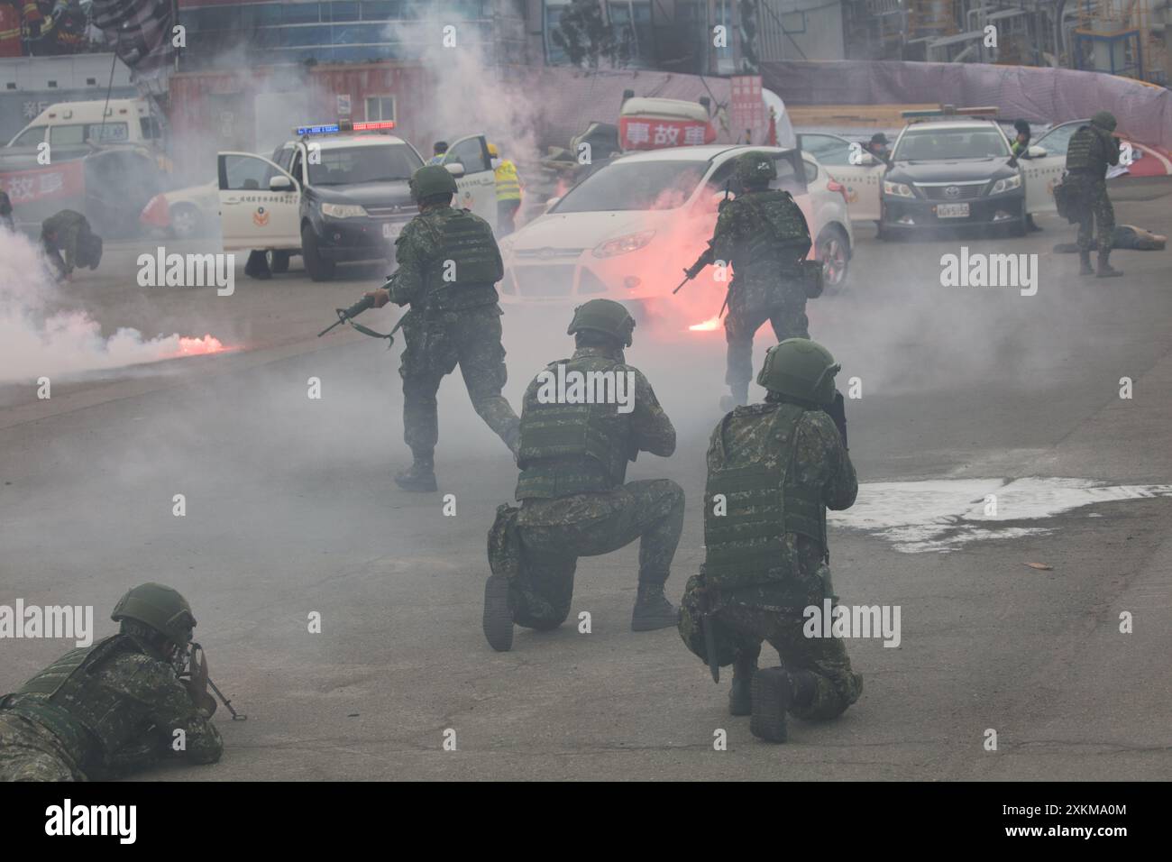 Soldiers take part in simulation training during the annual civil ...