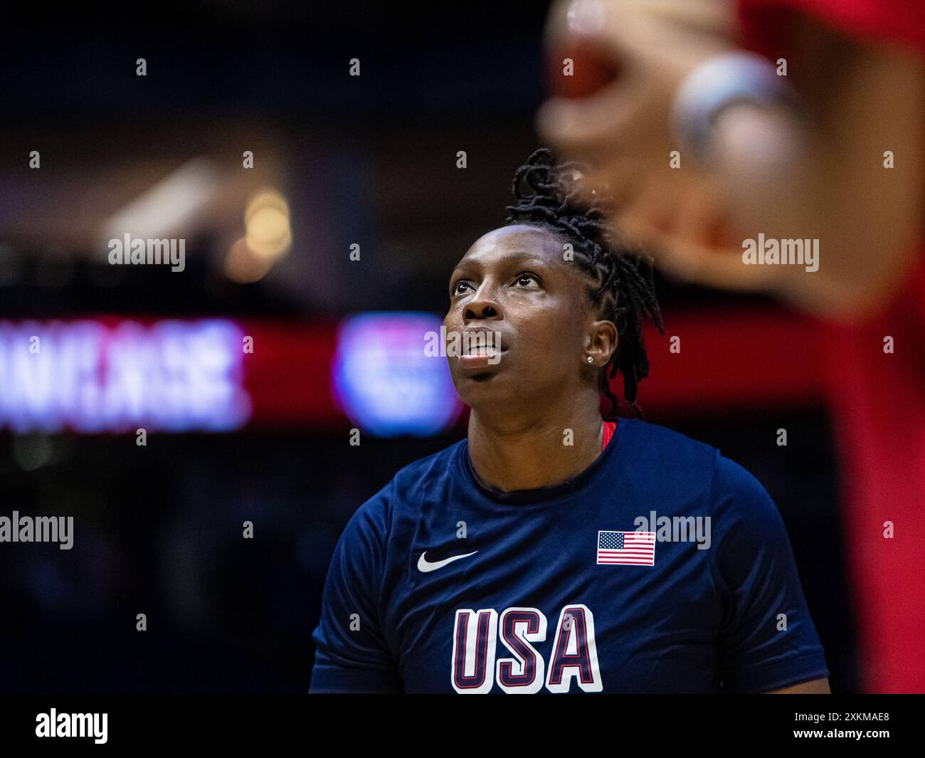 O2 Arena, UK. 23rd July, 2024. Chelsea Gray #8 for Team USA during the ...