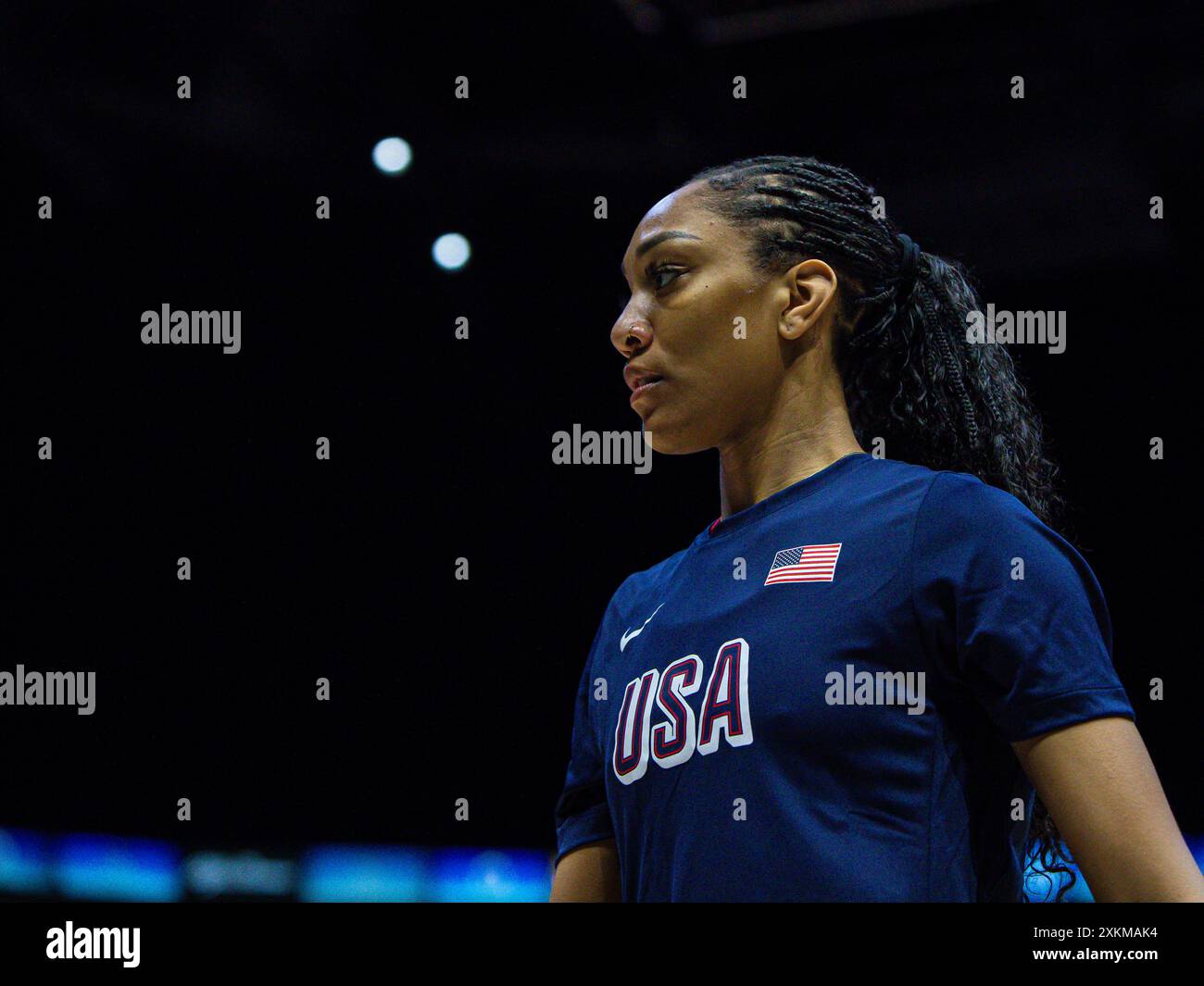 O2 Arena, UK. 23rd July, 2024. A'ja Wilson #9 for Team USA during the ...
