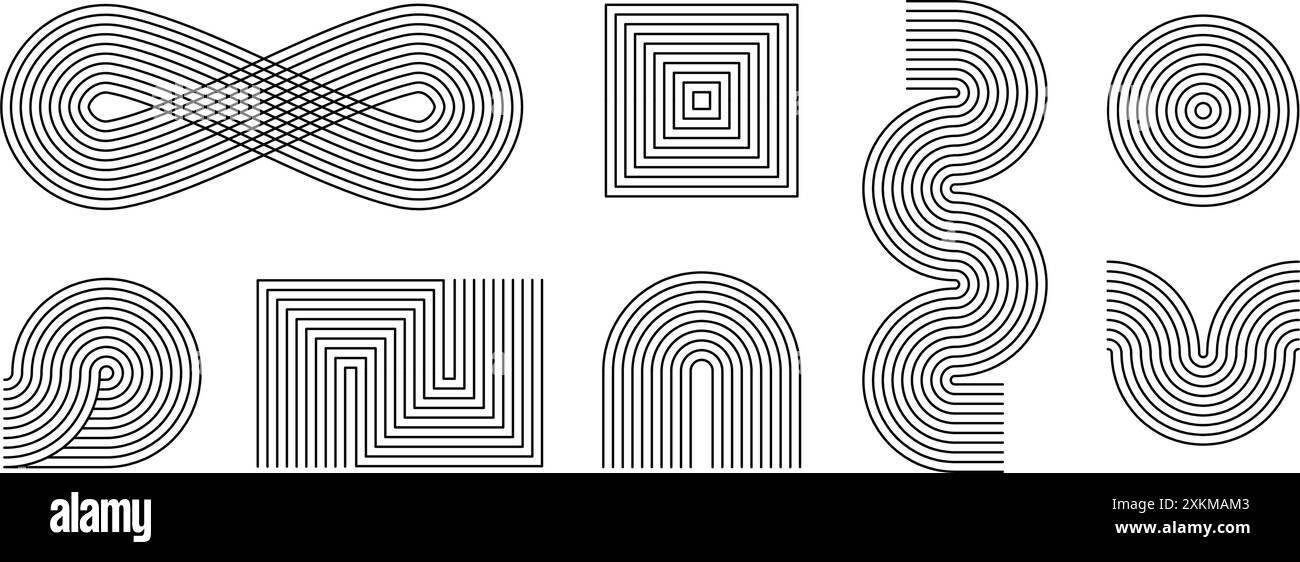 Black linear boho style arch and wave set. Mid century curve shapes ...