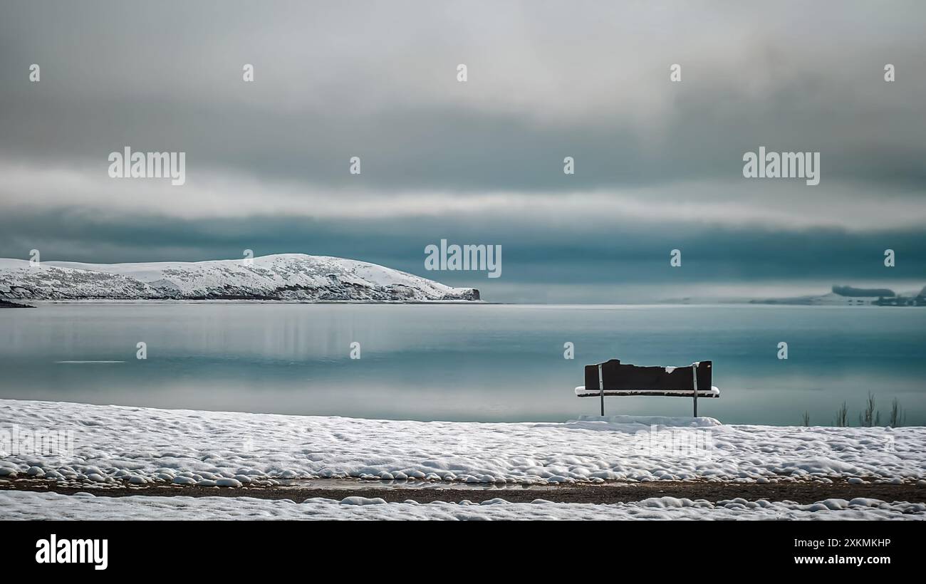 Winter Snow Lake View With A Single Bench At Lake Tekapo, New Zealand ...