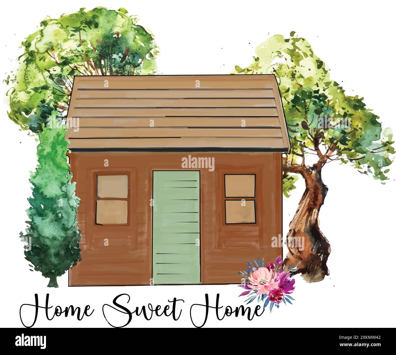 Playhouse Watercolor illustration with trees and flowers, watercolor ...