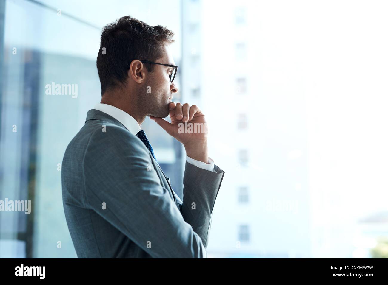 Business man, idea and window in office for investment proposal ...