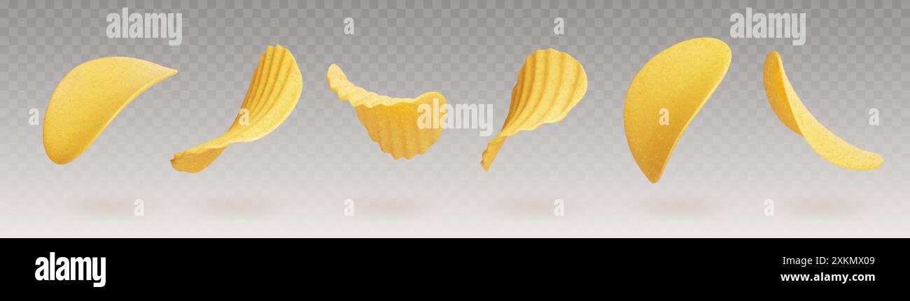 Flying potato chip 3d realistic set isolated on transparent background ...