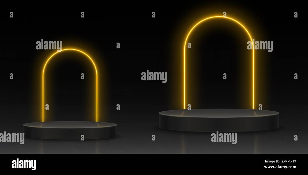 3d yellow neon light arch and podium platform scene. Product display ...
