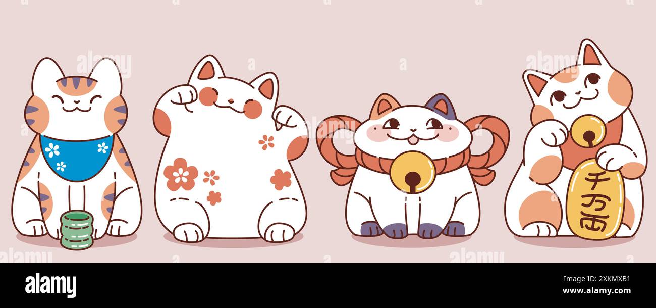 Maneki neko vector. Japanese lucky cat for money fortune. Kitty character symbol with bell on ...