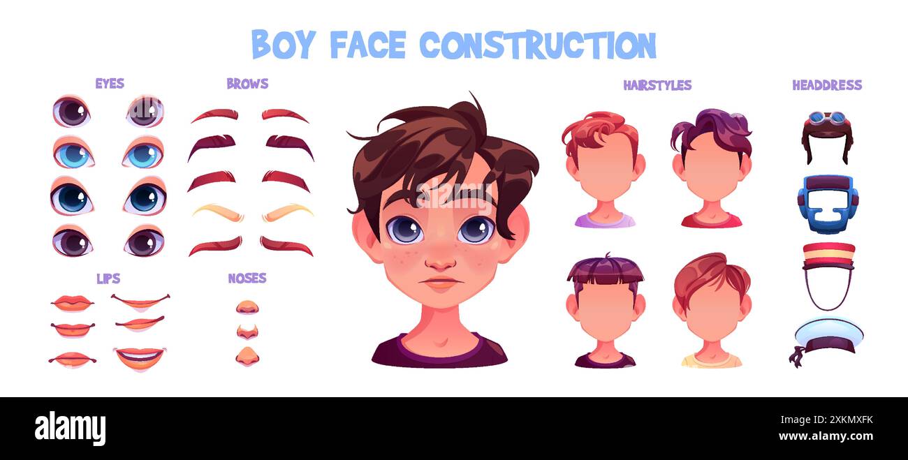 Caucasian boy face construction set isolated on white background ...