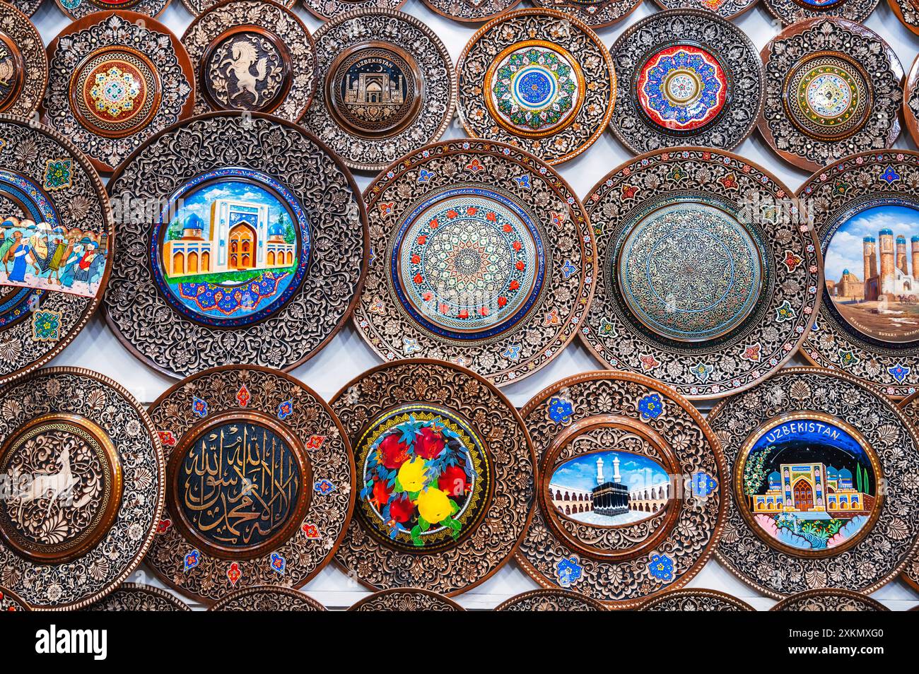 Uzbek wooden handmade gift plates with wood carvings hand-painted in ...