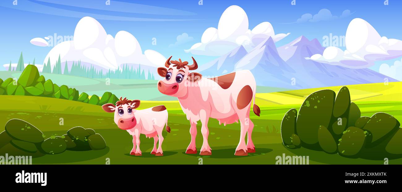 Cow and calf on summer mountain landscape. Vector cartoon illustration ...