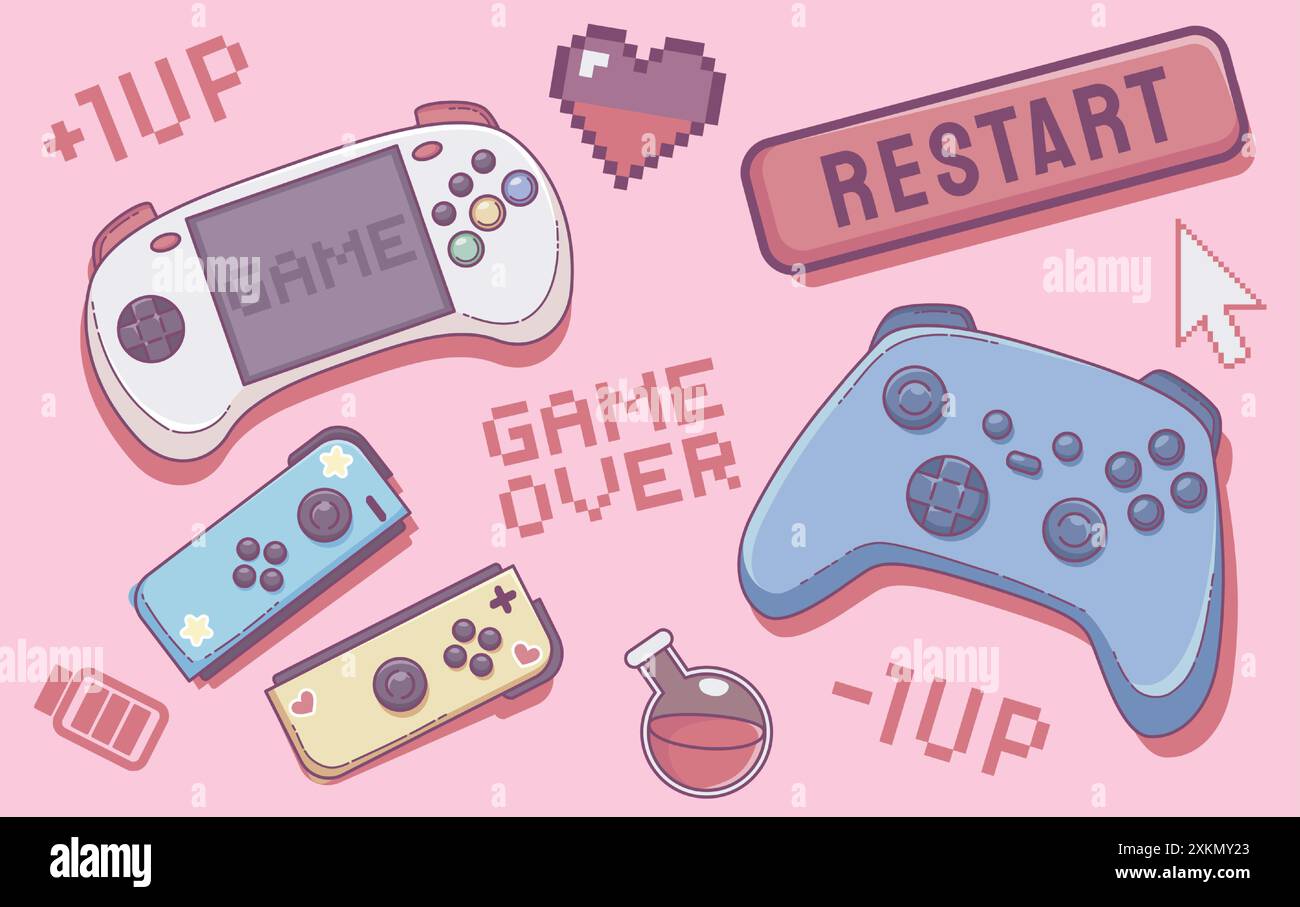 Cute kawaii video gamer girl retro vector set. 90s pixel print icon ...