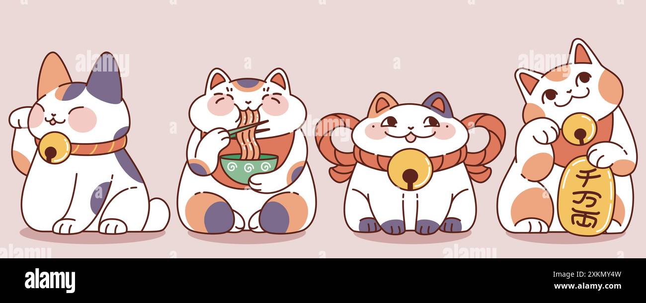 Japanese lucky cats set isolated on background. Contemporary vector cartoon illustration of cute ...