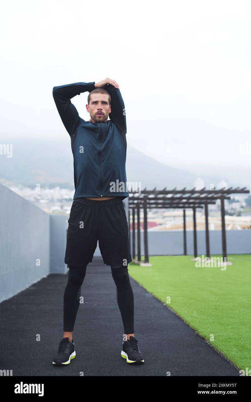 Stretching, outdoor and man with fitness, calm and workout with ...