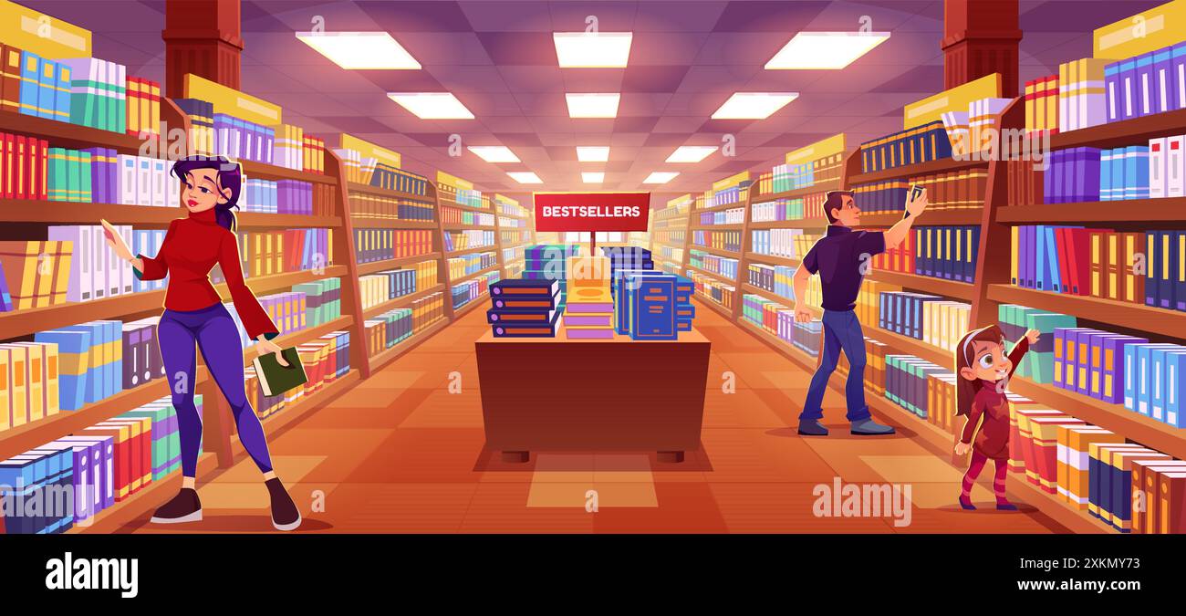 Man, woman and kid girl standing in book store room interior with rack ...
