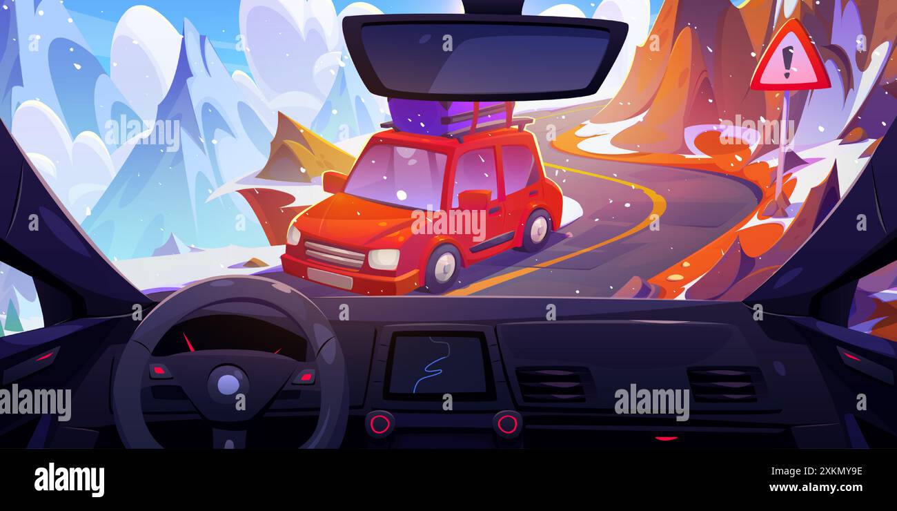 View from inside car through windshield on winding road on cliff of ...