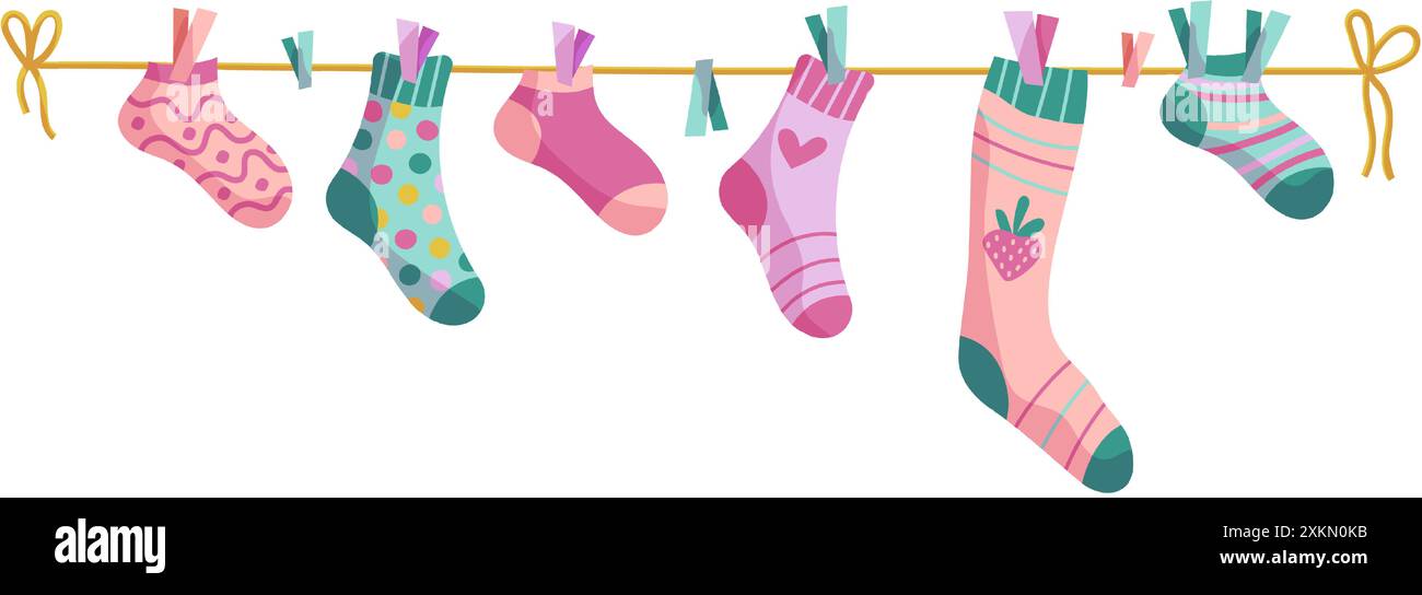 Clothesline socks. Socks on a rope, Baby socks with patterns vector ...