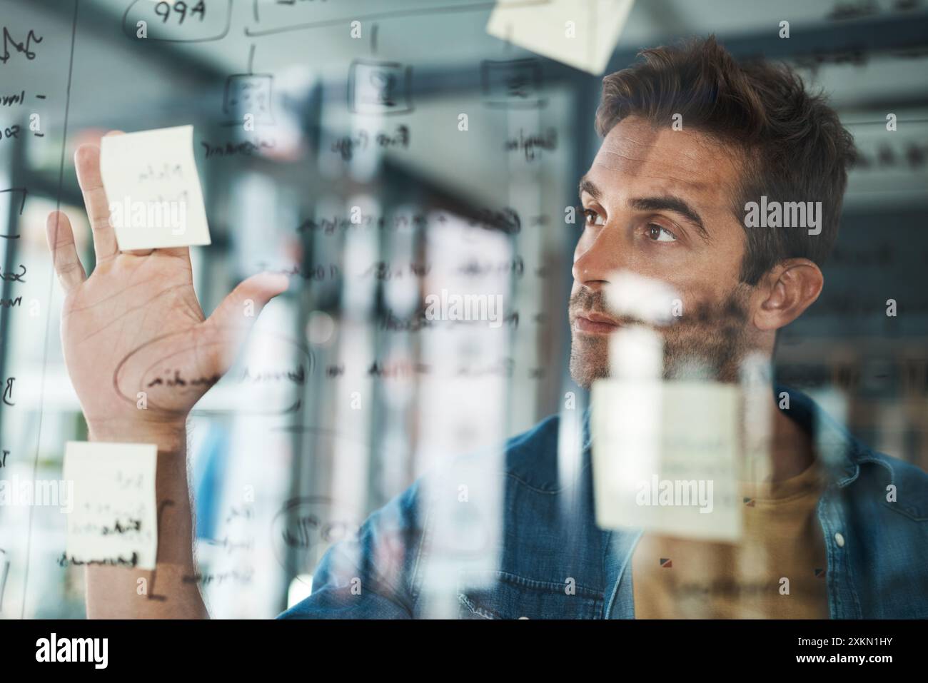Planning, man and glass with solution in startup for brainstorming ...