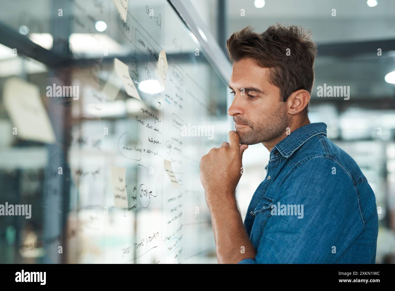 Creative, man and thinking with glass for planning, customer expansion ...