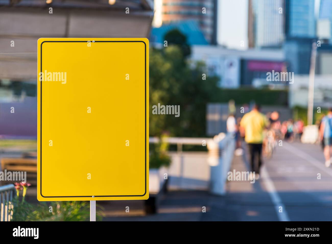 Mockup Of Yellow Empty Metal Street Sign In City Panorama With Walking ...