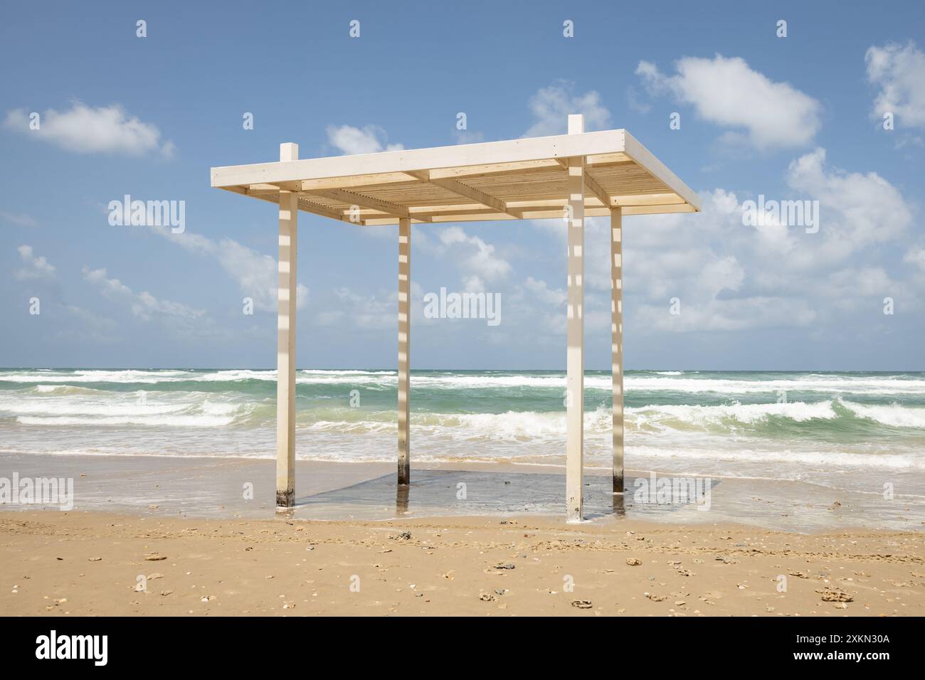 white wooden sun shade structure on the beach Stock Photo - Alamy