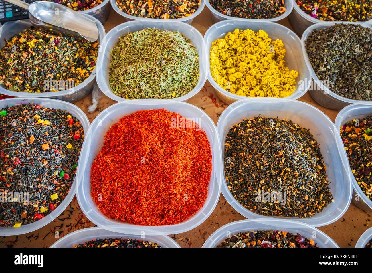 assortment of various oriental herbal and floral teas on the counter at ...