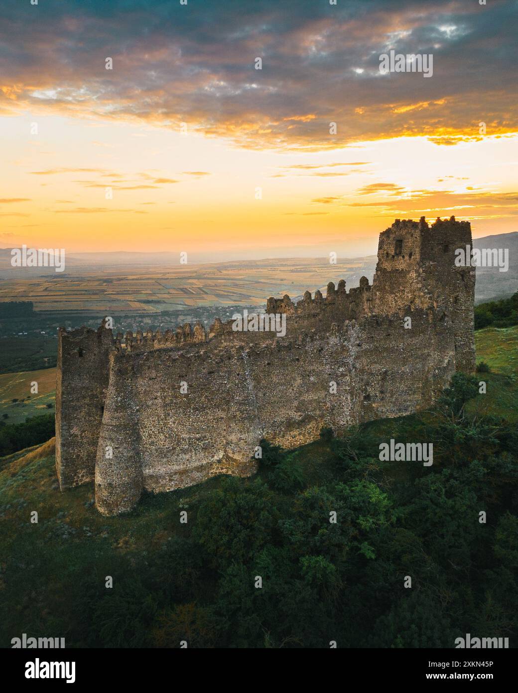 Aerial circular view The Skhvilo fortress or Skhvilo castle. Medieval ...