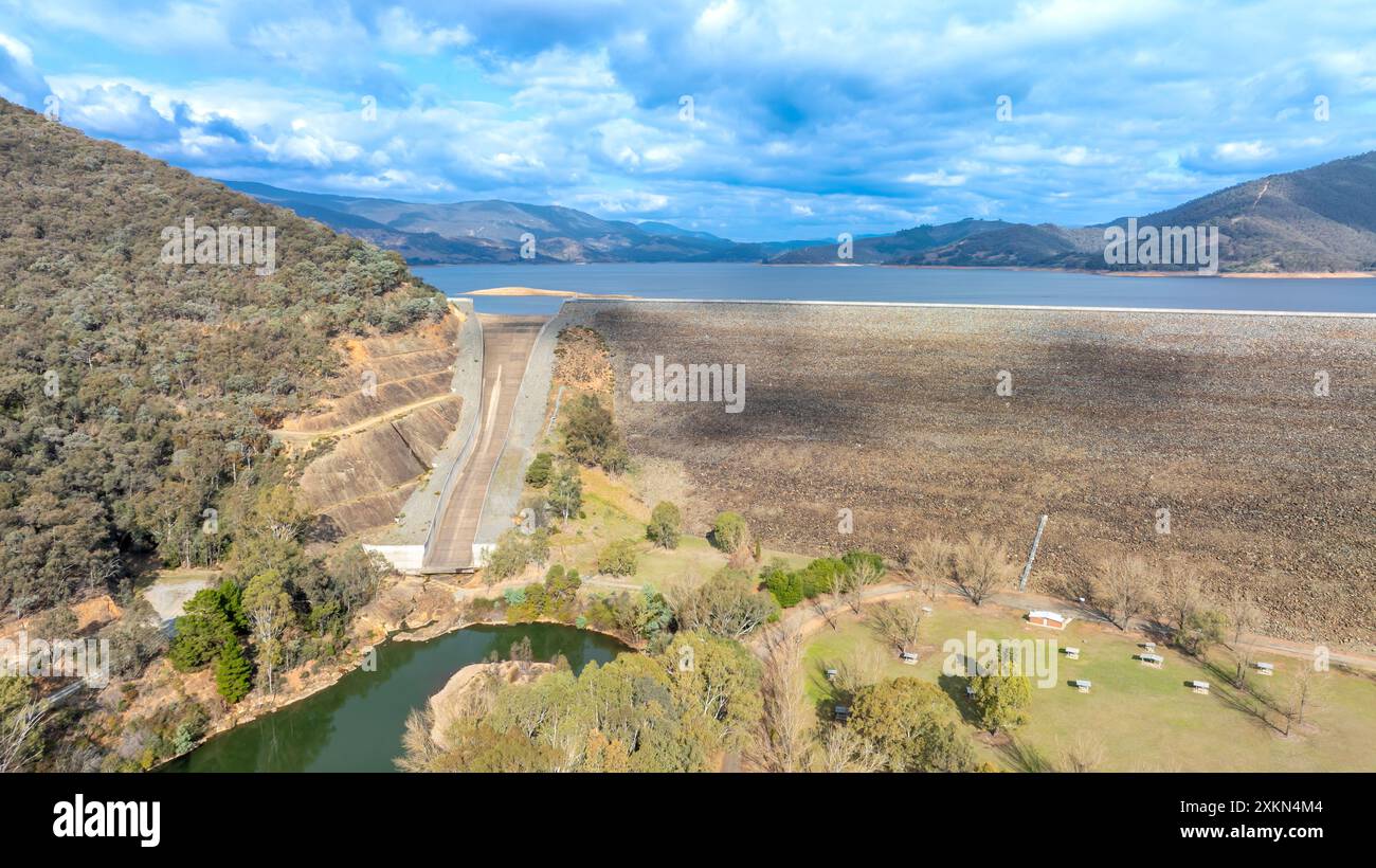 Drone aerial photograph of the Tumut River and the Blowering Dam and ...