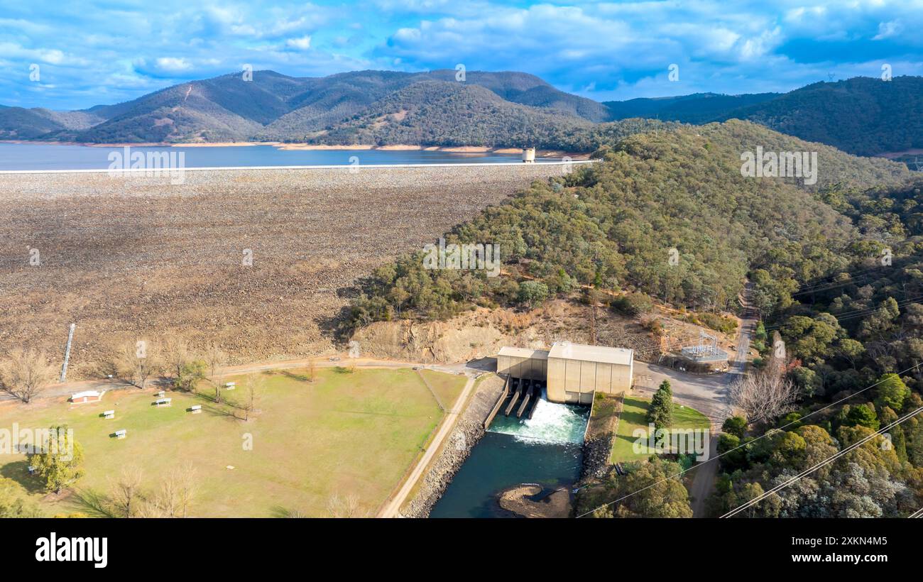 Drone aerial photograph of the Tumut River and the Blowering Dam and ...