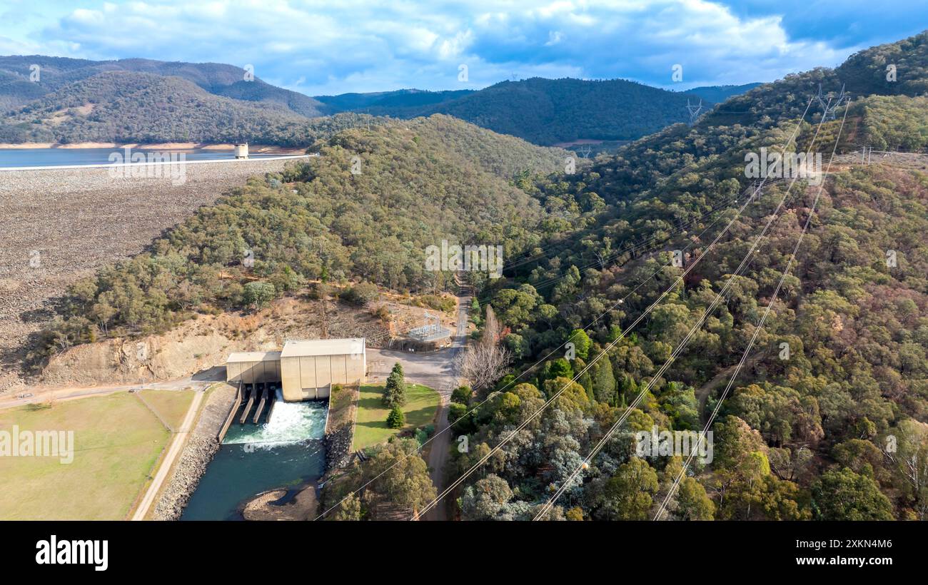 Drone aerial photograph of the Tumut River and the Blowering Dam and ...