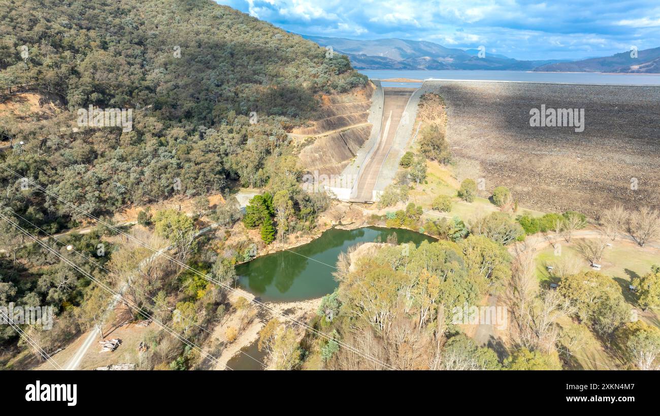 Drone aerial photograph of the Tumut River and the Blowering Dam and ...