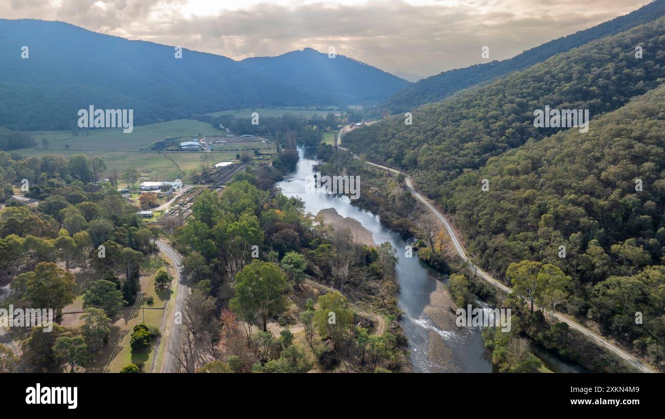 Drone aerial photograph of the Tumut River flowing alongside a road in ...